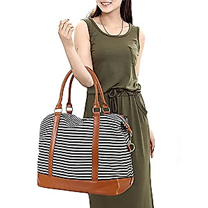 Bluboon Women Ladies Canvas Weekender Bag Overnight Carry-on Tote Duffel in Trolley Handle (BlackStripe)