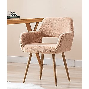 Faux Fur Side Reception Chair, Vanity Chair Desk Chair Small Home Office Accent Chair Cute Chair with Wood Metal Legs for Bedroom Makeup Living Room