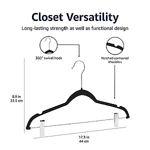 Amazon Basics Velvet, Non-Slip Skirt Clothes Hangers with Clips, Pack of 50, Black/Silver
