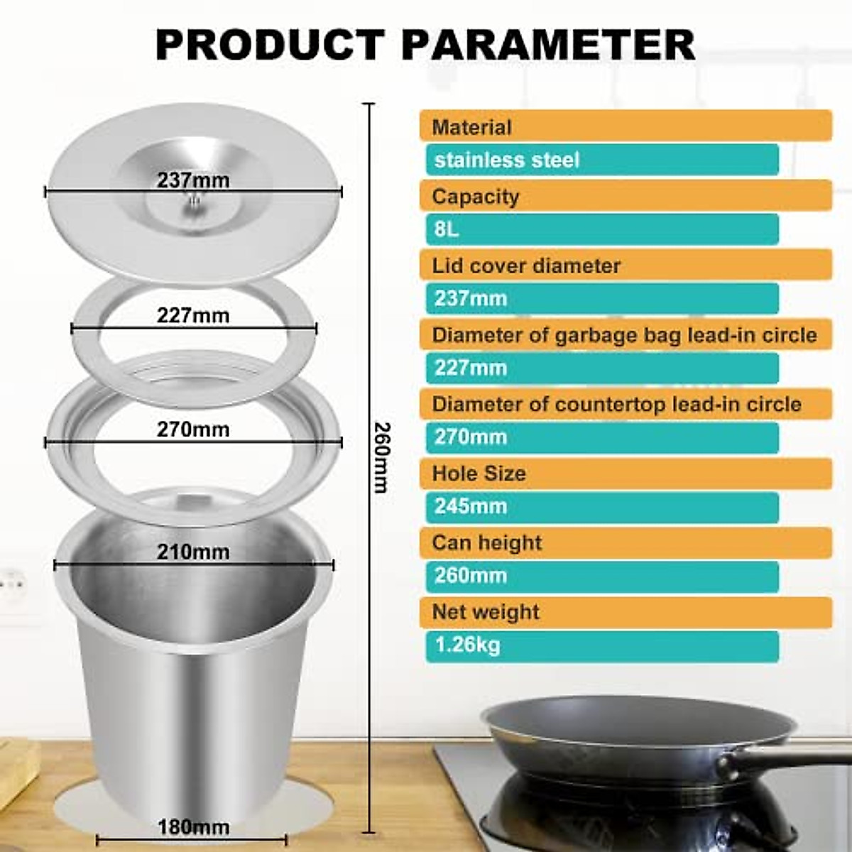 Countertop Built-in Kitchen Cabinet Trash Can 8L 304 Stainless Steel Trash Chute with Lid Cover