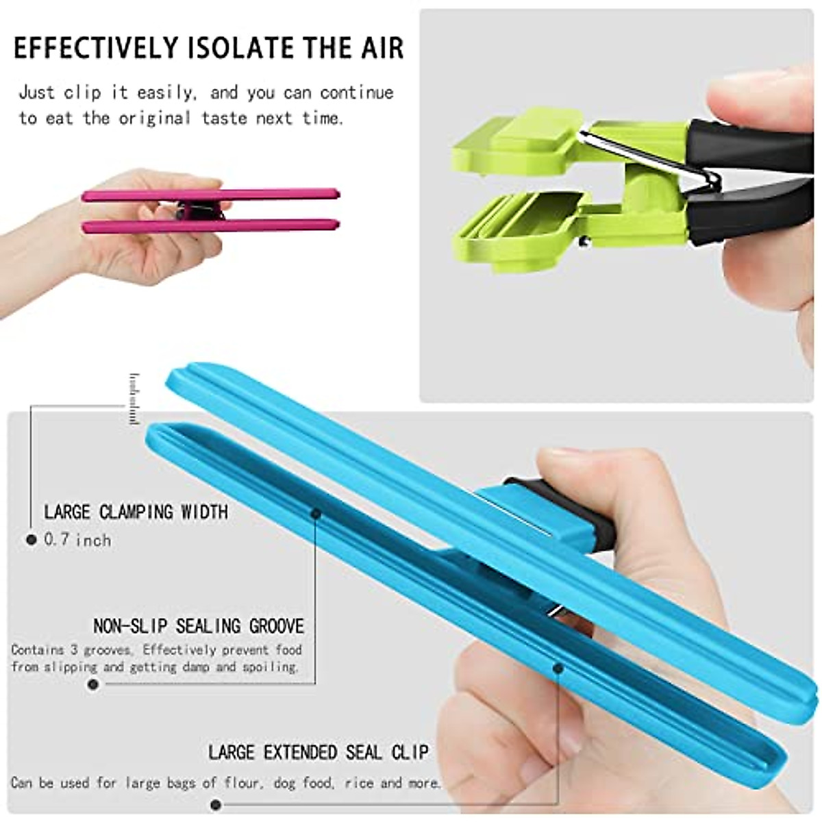 9 Pack Bag Sealer - Reusable Food Clips, Chip Bag Clips for Food Storage with Air Tight Plastic Heavy Seal Grip, Food Storage Bags Clips, Red&Blue&Green (3 Large and 6 Small)