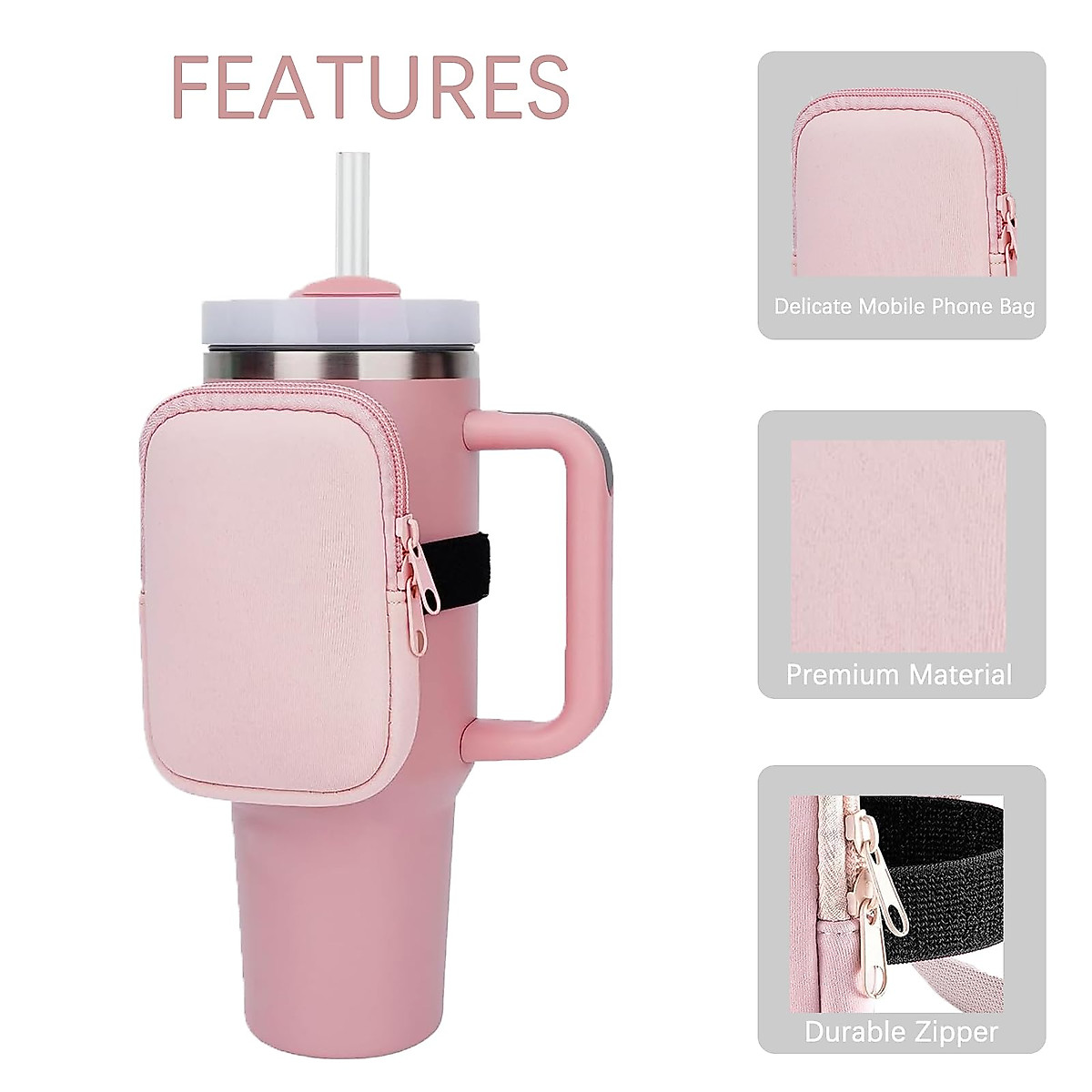 Water Bottle Pouch & Water Bottle Holder with Strap Set, Adjustable Shoulder Hand Strap Removable Fanny Pack Water Bottle Accessories for Stanley Quencher H2.0 Flowstate Tumbler 30 oz 40 oz Pink