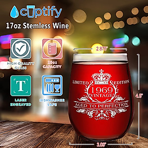 Cuptify 54th Birthday Gifts for Women 1969 Vintage Edition 17 oz Stemless Wine Glass 54 Year Old Birthday Anniversary Presents Party Decorations for Mom