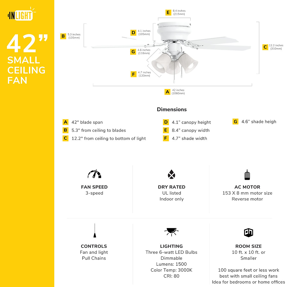 Inlight 42" Classic Flush Mount Ceiling Fan with Pull Chain and 3 Lights, 5 Wood Blades and 3 Speed Reversible Motor, Hugger Ceiling Fan for Small Rooms or Low Ceilings, White Finish, IN-0704-1-WH