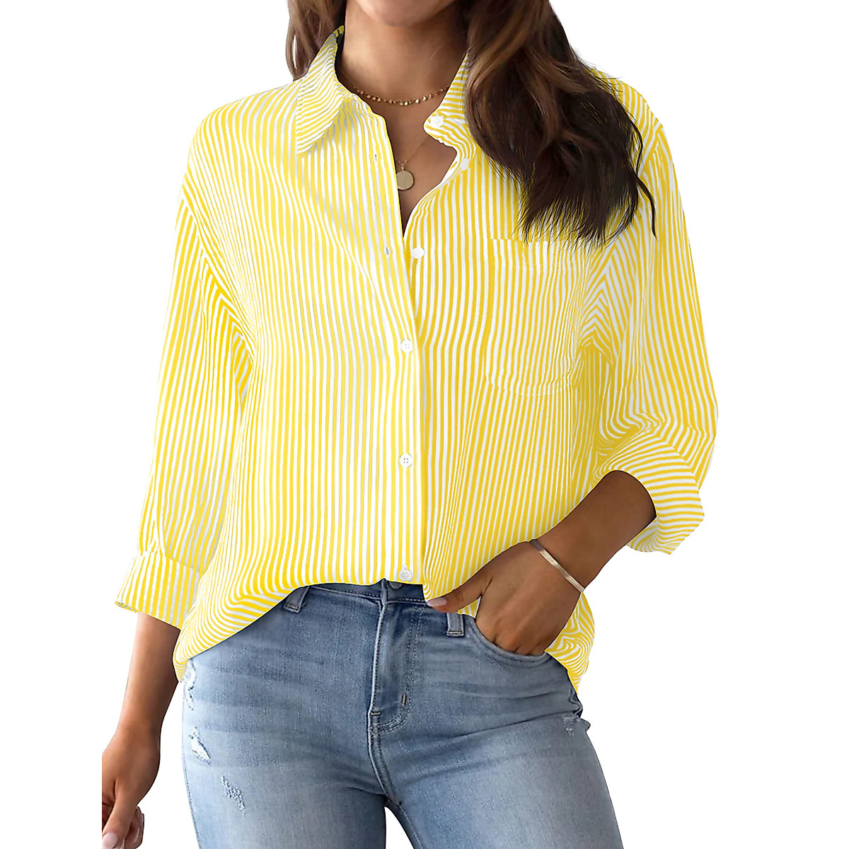AISEW Womens Button Down Shirts Striped Classic Long Sleeve Collared Office Work Blouses Tops with Pocket (Yellow, 7002L)
