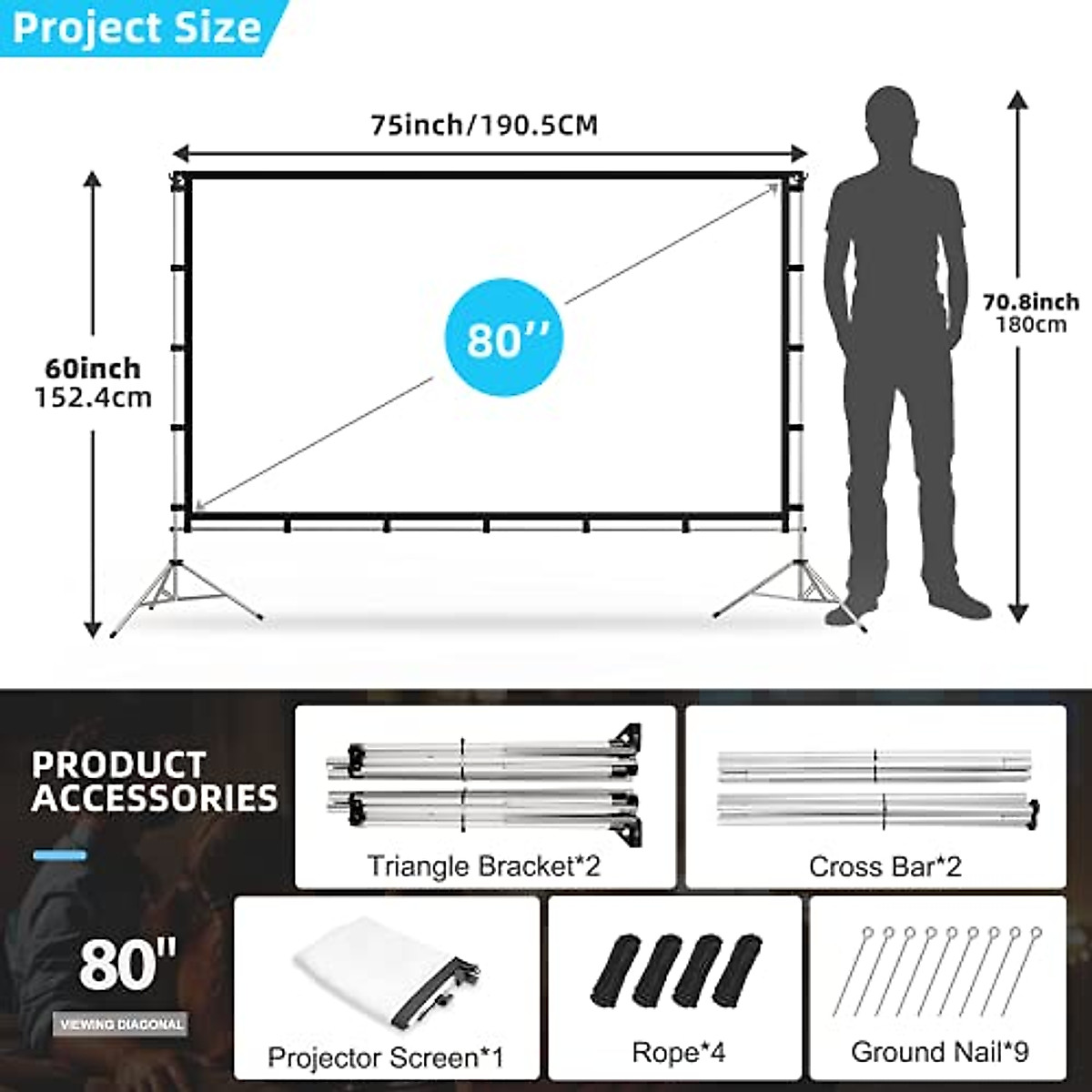 Projector Screen with Stand, Vamvo 80 inch Portable Foldable Projection Screen 16:9 HD 4K Indoor Outdoor Projector Movies Screen with Carrying Bag for Home Theater Camping and Recreational Events