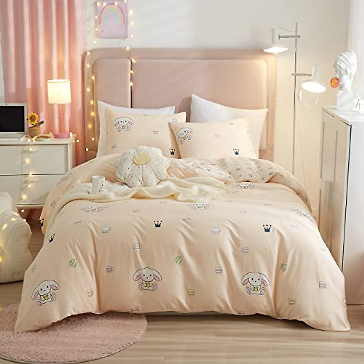 Cute Puppy Printed Bedding Duvet Cover Set Queen Soft Cotton Aesthetic Bedding Duvet Cover with 2 Pillow Shams Pink Reversible Bunny Bedding Sets Full/Queen Size