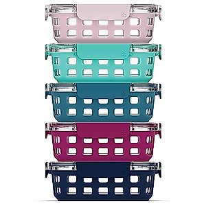 Ello Duraglass 3.4 Cup Meal Prep Sets 10Pc, 5 Pack Set- Glass Food Storage Container with Silicone Sleeve and Airtight BPA-Free Plastic Lids, Dishwasher, Microwave, and Freezer Safe, Evening Orchard