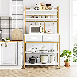 HITHOS Industrial 5-Tier Kitchen Bakers Rack with 2 Drawers, Microwave Oven Stand with Storage Shelves and Hutch, Kitchen Shelf with Storage, Coffee Bar for Living Room, Home Office, Gold White