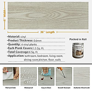 VEELIKE 6''x36'' Beige Grey Peel and Stick Floor Tile Waterproof Wood Vinyl Plank Flooring Self Adhesive Wood Vinyl Flooring Removable Laminate Flooring for Bathroom Bedroom Kitchen Fireplace 4-Pack