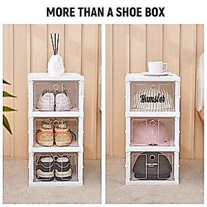Foldable Shoe Storage Boxes - SYNCVIBE 3 Pack Shoe Storage Organizer with Clear Door Plastic Stackable Shoe Containers Bins with Lids for Closet Space Saving Foldable Sneaker Containers Bins Holders Hat Organizer (3 Pack, White)