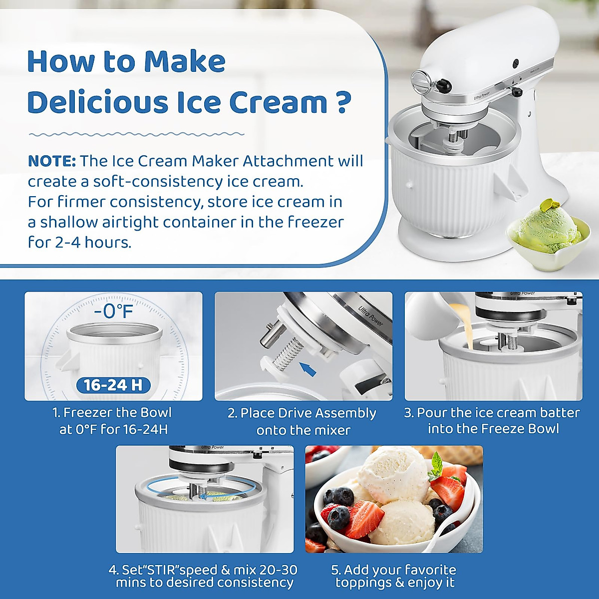 Ice Cream Maker Attachment for KitchenAid Stand Mixer, 2 Quart Frozen Yogurt Ice Cream & Sorbet Gelato Maker Bowl Fits for 4.5 Qt and Larger Stand Mixers, Not for Artisan Mini 3.5Qt Mixer