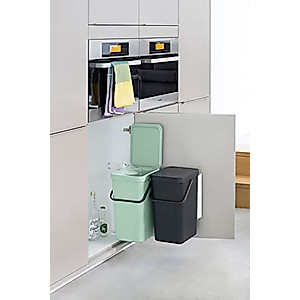 Brabantia Sort & Go Built-in Cupboard Recycling Cans (2 x 4.2 Gal/Dark Gray & Jade Green) Double Door Mounted Trash Organisers with Handles & Removable Lids
