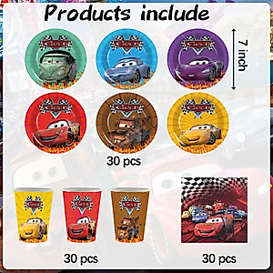 Cars Plates and Napkins Cups Sets, Cars Birthday Party Supplies Tableware for Lighting Cars Birthday Decorations Includes 30 Plates, 30Napkins and 30Cups for Boy Girl Cars Birthday Decorations