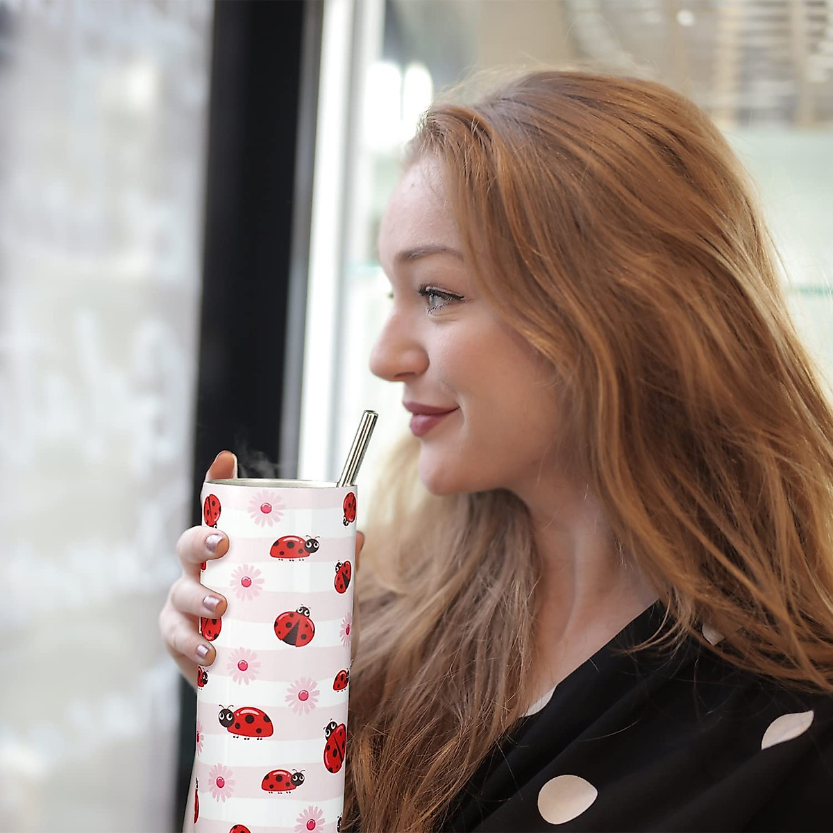 Mofvugz Ladybug Gifts for Women Girls, Cute Ladybugs Daisy Floral Tumbler Cup Coffee Travel Mug, Lady Bug Pink Metal Thermal Insulated Tumblers 20 Oz, Ladybug Decor Accessories Stuff, Kawaii Gifts