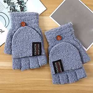 Knitted Warm Convertible Flip Mittens Top Fingerless Men Winter Gloves Men Gloves Womens Ski Mittens (Light Blue, A)