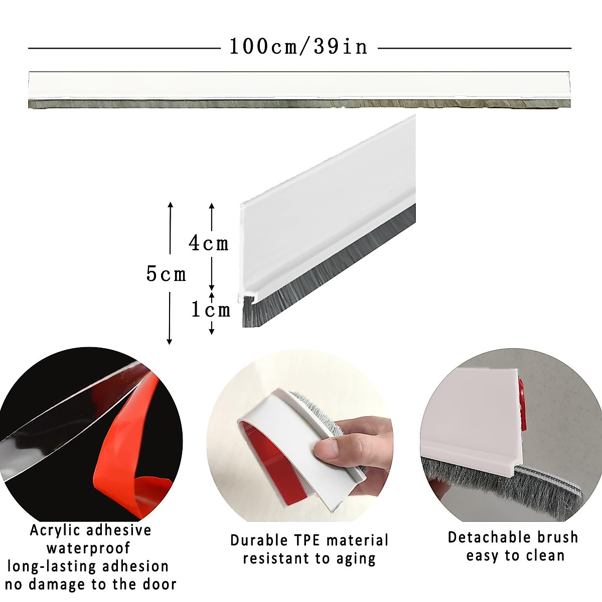 Door Sweep for Bottom of Door, Adhesive Silicone Rubber Door Sweep with Brush, 39" Adjustable Door Draft Stopper - White
