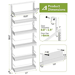 POKIPO 6-Tier Over the Door Pantry Organizer, Large Door Spice Rack with Adjustable Metal Baskets, Heavy Duty Hanging or Wall Mounted Storage Organizer for Kitchen Pantry and Room Wall