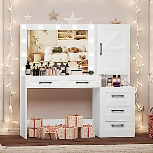 Irontar Makeup Vanity Desk with Charging Station, Farmhouse Makeup Desk with Lights Mirror and Drawers, Vanity Table with Side Cabinet, Dressing Table for Women, White WDT008W