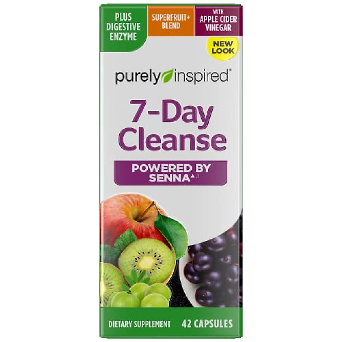Purely Inspired 7-Day Detox Cleanse - Whole Body Cleanse & Detox Pills for Women & Men, Powered with Senna Leaf, Vitamin C, Apple Cider Vinegar, Digestive Enzymes & Probiotics - 42 Acai Berry Capsules