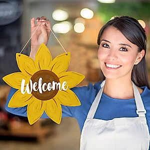 Sunflower Welcome Wood Door Hanger 12 Inch Large Wooden Flower Sign Inspirational Wall Porch Art Spring Summer Fall Front Door Wreath Hanging for Bedroom Living Room Indoor Outdoor Kitchen Home Decor