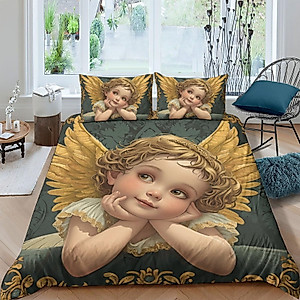 SorEci Cherubs 3pcs 3D Bedding Set Golden Wings Duvet Cover Set Bed Printed Quilt Cover Bed Linens with 2 Pillowcases with Zipper All Season Queen（228x228cm）, Style-3