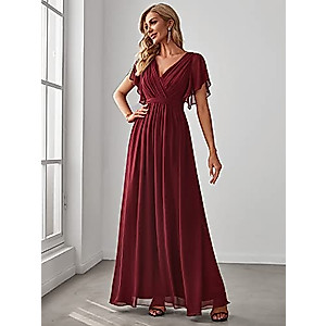 Ever-Pretty Women's Maxi A-Line V-Neck Ruffle Sleeves Summer Prom Dresses Long Burgundy US12