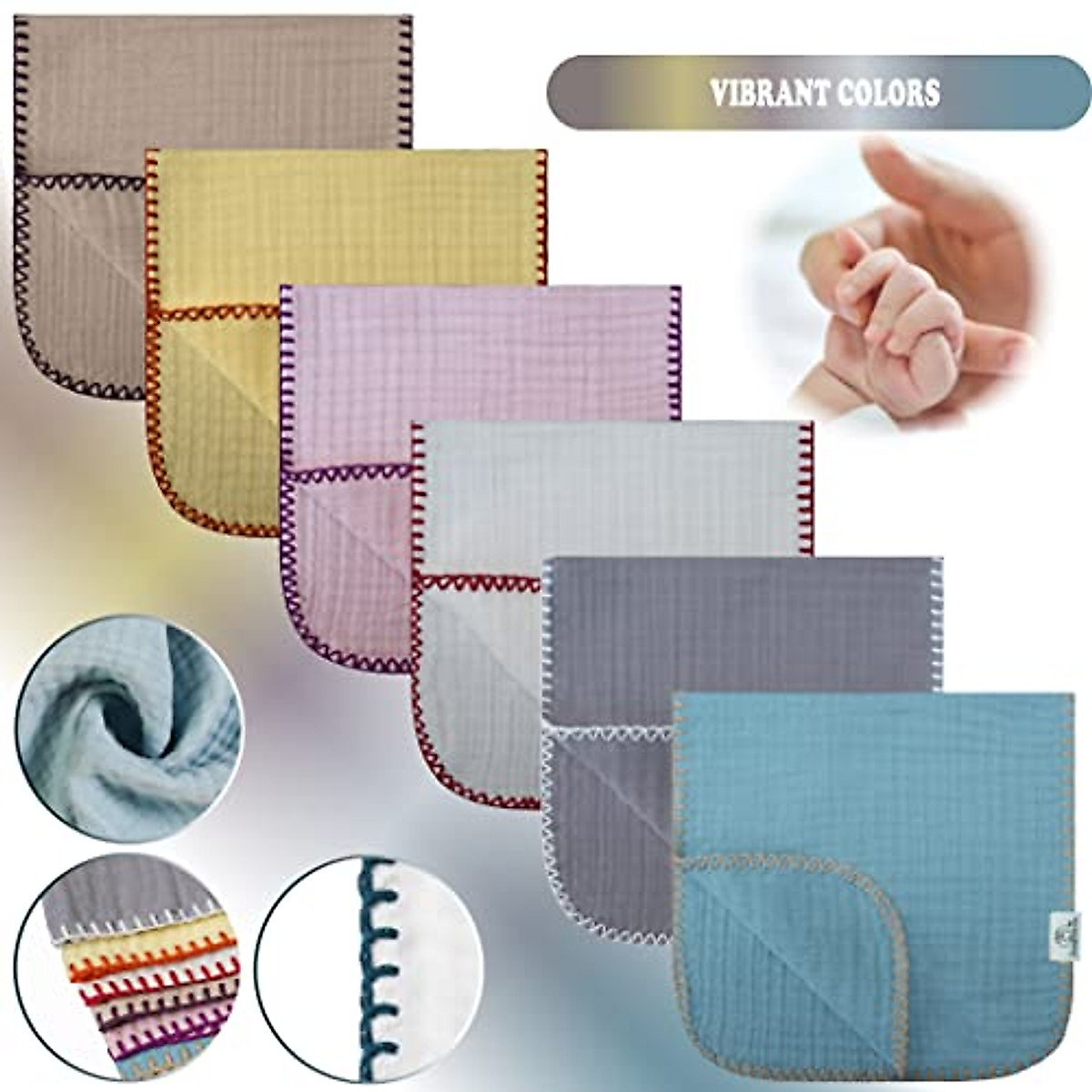 CM SHEEPCOTTON Turkish Muslin Burp Cloths0 Cotton 6 Pack Large 4 Layers Extra Absorbent Soft and Breathable Feston Stitch (Pastel Colors)