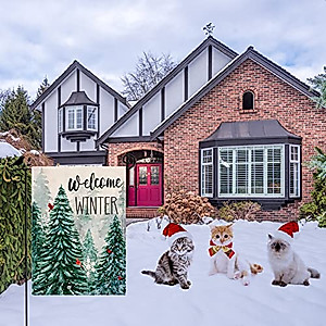 Welcome Winter Pines Tree Garden Flag Double Sided Cardinal Red Bird Christmas Garden Flag for Outside Xmas Farmhouse Seasonal Outdoor Flag