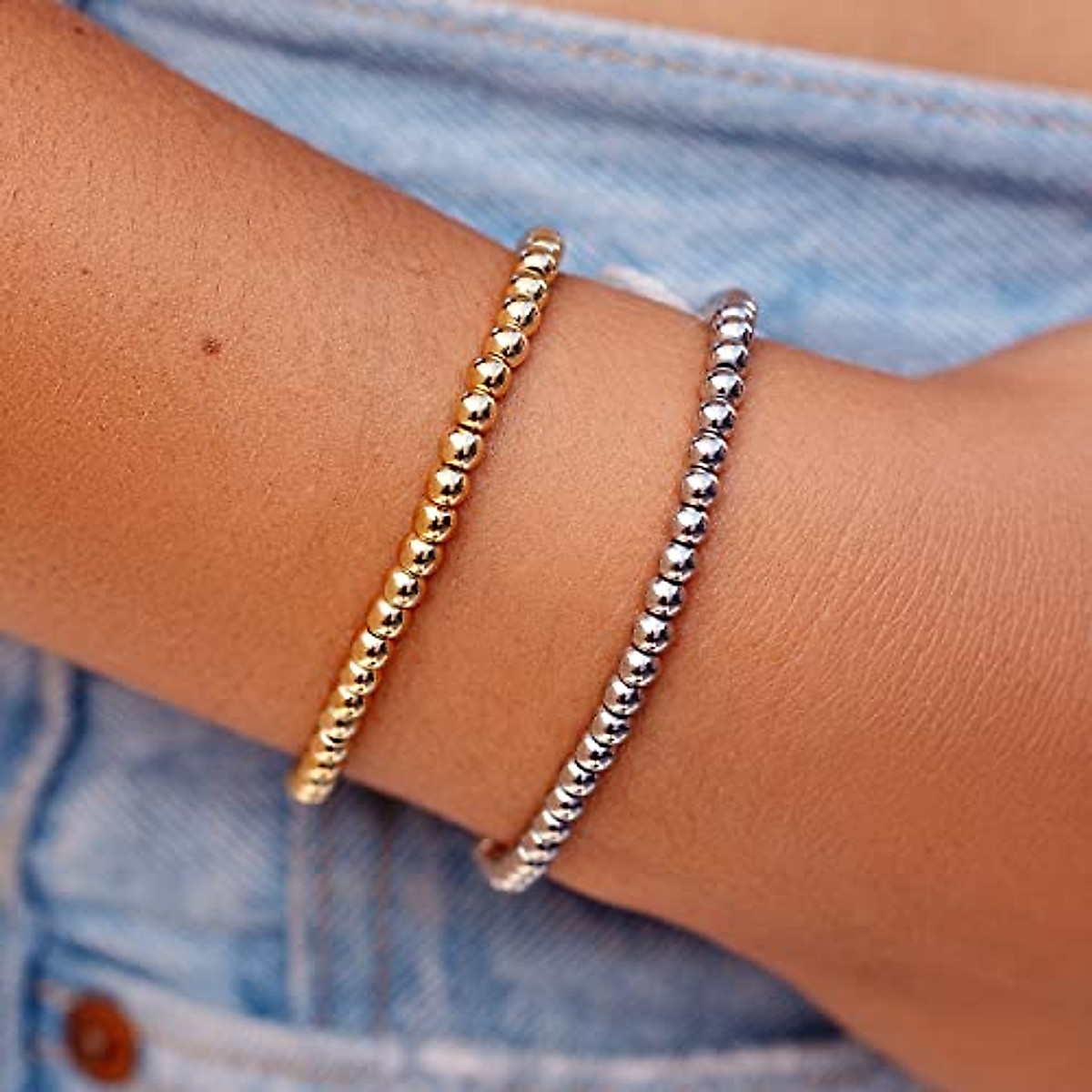 Pura Vida Bracelet Silver Metal Beads Beaded Bracelet - Adjustable Bracelet with Waterproof Band, String Bracelet for Women - Stackable Bracelets for Teen Girls, Handmade Bracelets for Teens - White