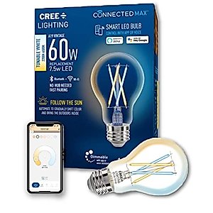 Cree Lighting Connected Max Smart Led Vintage Glass Filament Bulb A19 60W Tunable White, 2.4 Ghz, Works With Alexa And Google Home, No Hub Required, Bluetooth + Wifi, 1Pk (Cma19-60W-Al-9Tw-Gl)
