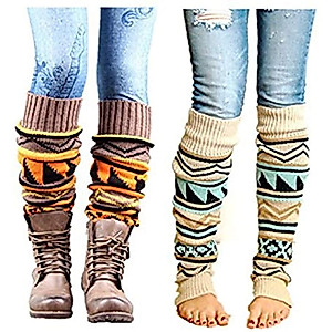VIGVOG Women Boho Knitted Boot Gaiters Long Leg Warmer (Beige&Khaki)