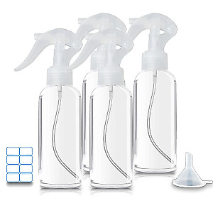 KwoKmarK Small Spray Bottles, Hair Spray Bottle 3.5oz/100ml Clear Plastic Fine Mist Travel Size Mini Empty Bottle Set Refillable Reusable Liquid Container for Essential Oils Water Squirt (4 Pack)