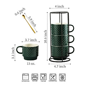 LYEOBOH Coffee Mug Set Porcelain Stackable Coffee Mugs with Stand and Spoons, 13 OZ. Cappuccino Cup Demitasse Cups for Drinks, Espresso, Latte,Set of 4, Dark Green