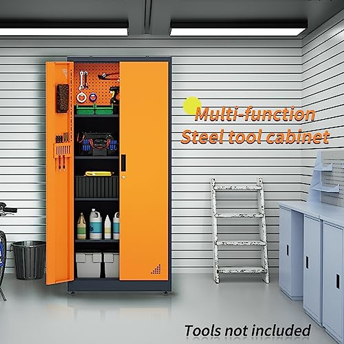 VCGGAIP Metal Storage Cabinet - Garage Storage Cabinet with 2 Doors and 4 Adjustable Shelves,Steel Lockable Garage Cabinets for Office,Home,Garage (Dark Gray and Orange, 71 Inch)