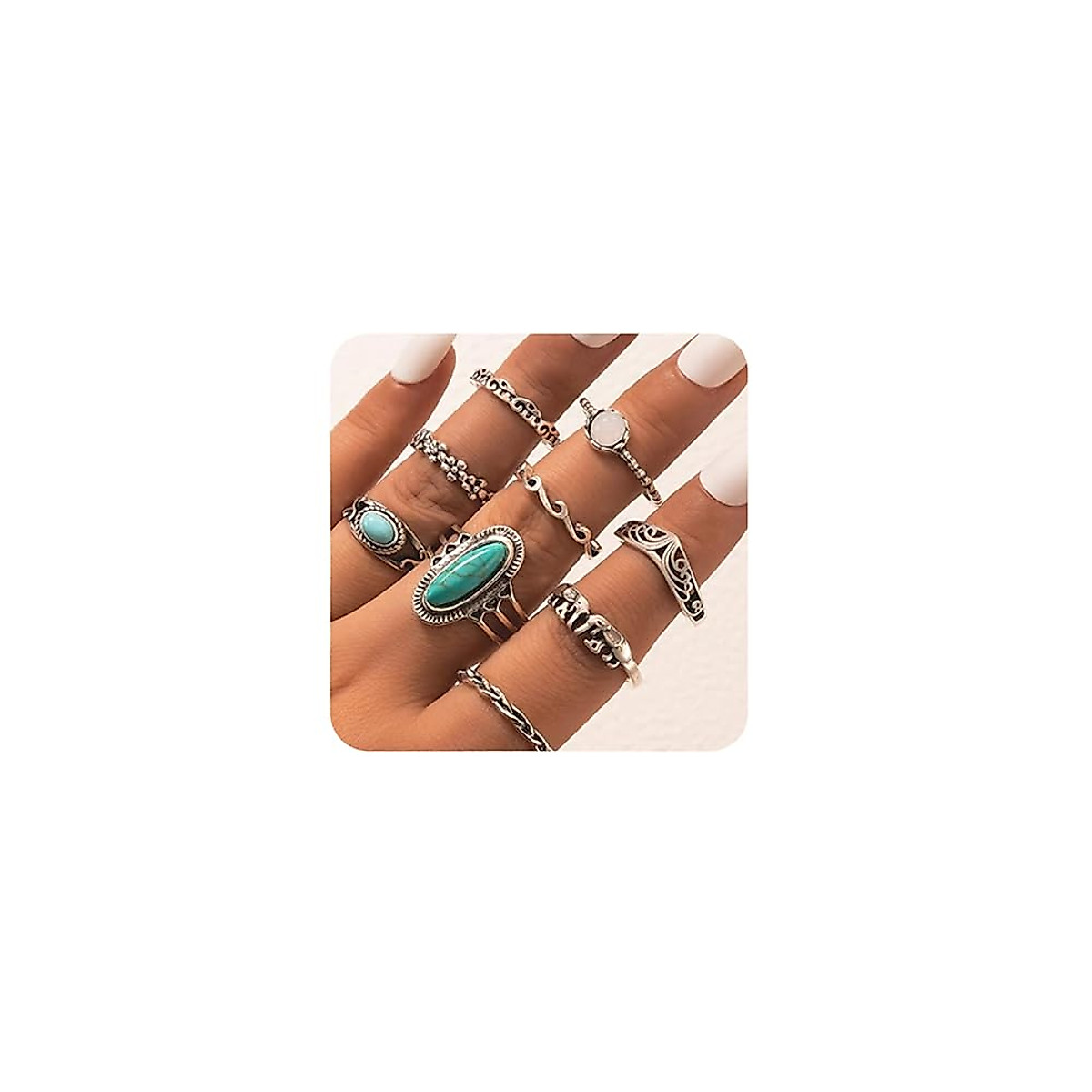 Octwine 9Pcs Bohemian Statement Knuckle Silver Rings Set Turquoise Finger Ring Elephant Midi Vintage Rings Punk Leaf Ring for Women