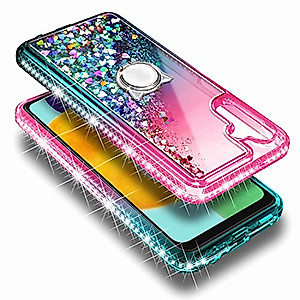NZND Case for Samsung Galaxy A13 5G with Tempered Glass Screen Protector (Maximum Coverage), Ring Holder/Wrist Strap, Glitter Liquid Floating Waterfall Durable Girls Cute Phone Case (Pink/Aqua)
