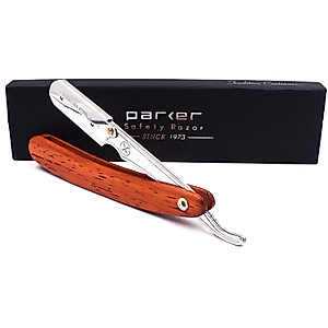 Parker SRRW, Rosewood Wood Handle Straight Edge Barber Razor with Stainless Steel Blade Arm for Professionals, 5 Blades Included