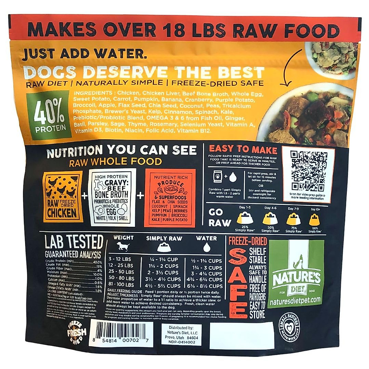 Nature's Diet Simply Raw® Freeze-Dried Raw Whole Food Meal - Makes 18 Lbs Fresh Raw Food With Muscle, Organ, Bone Broth, Whole Egg, Superfoods, Fish Oil Omega 3, 6, 9, Probiotics, Prebiotics (Chicken)