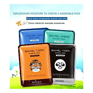 BIOAQUA Animal Face Mask Sheet Enriched with Natural Serum for Radiant and Nourished Skin At Home Spa Moisturizing Facial with Fun Animal Characters: Panda Tiger Sheep Dog (4 Sheets Variety Pack)