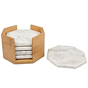 White Carrara Marble Coasters with Bamboo Holder (Set of 5) - Protection for Any Table Type - Fits Any Coffee Mug, Cup, Wine Glass, Barware - Great for Hosting Parties, Wedding & Mother's Day Gifts