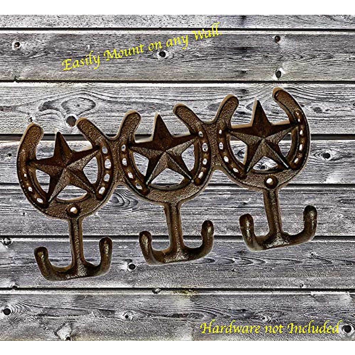 Urbalabs Western Cast Iron Rustic Country Wall Hooks Coat or Key Holder Wall Hook Mounted Decorative for Hats, Coats, Keys, Towels, Mudroom, Entryway, Mancave, Garage Bronze Finish (3 Horse Shoe Star)