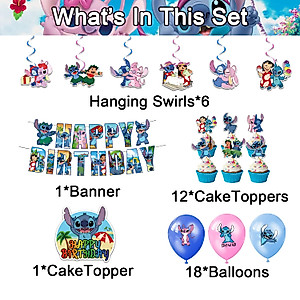 SDQ Birthday Decorations Party Supplies Stitch Party Favor Include Happy Birthday Banner, Cake Topper, Cupcake Toppers, SDQ Party Decorations for Women Men Teens