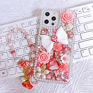 redecarie for Samsung Galaxy S9 Plus Diamond Case,Bling Glitter Luxury Crystal Rhinestone Cute Bow Flowers Pearl 3D Handmade Protective Phone Cover for Women Girls Kids with Bracelet Lanyard