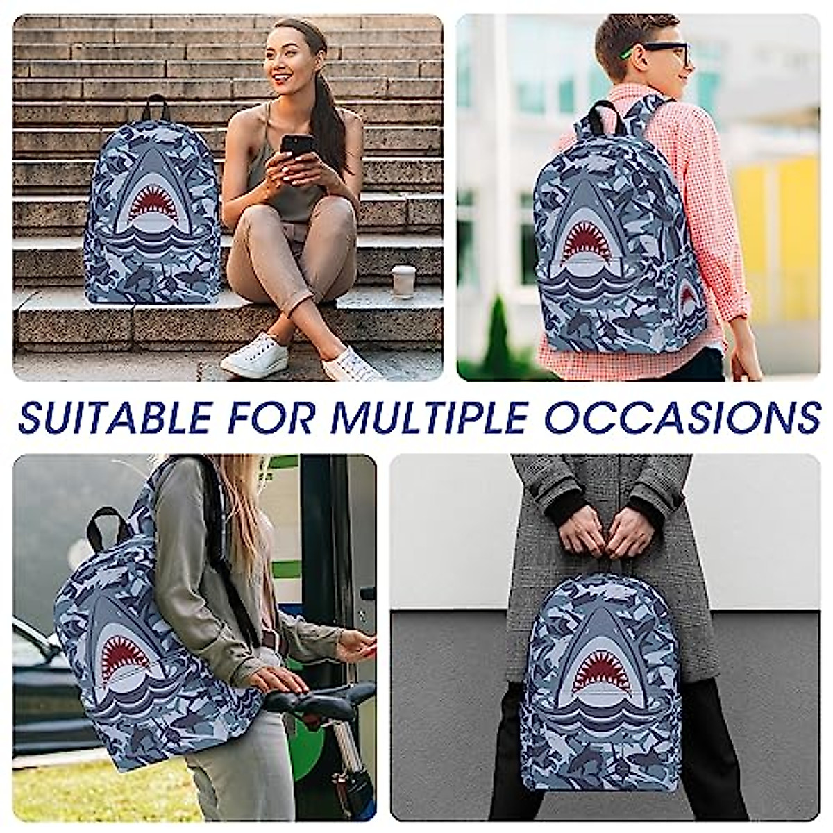 Lightweight Shark Boys School Backpack, Classic Bassic Bookbag for Middle School Students, Cute Shark Patterned Casual Daypack for College, Travel, Work with 15-Inch Laptop Compartment, 17 IN-Grey