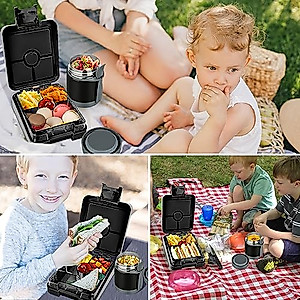 Bento Lunch Box Set for Kids with 10oz Soup Thermo, Leak-Proof Lunch Containers with 4 Compartment, Kids Thermo Hot Food Jar and Insulated Lunch Bag for Kids to School,BPA-Free(Black)