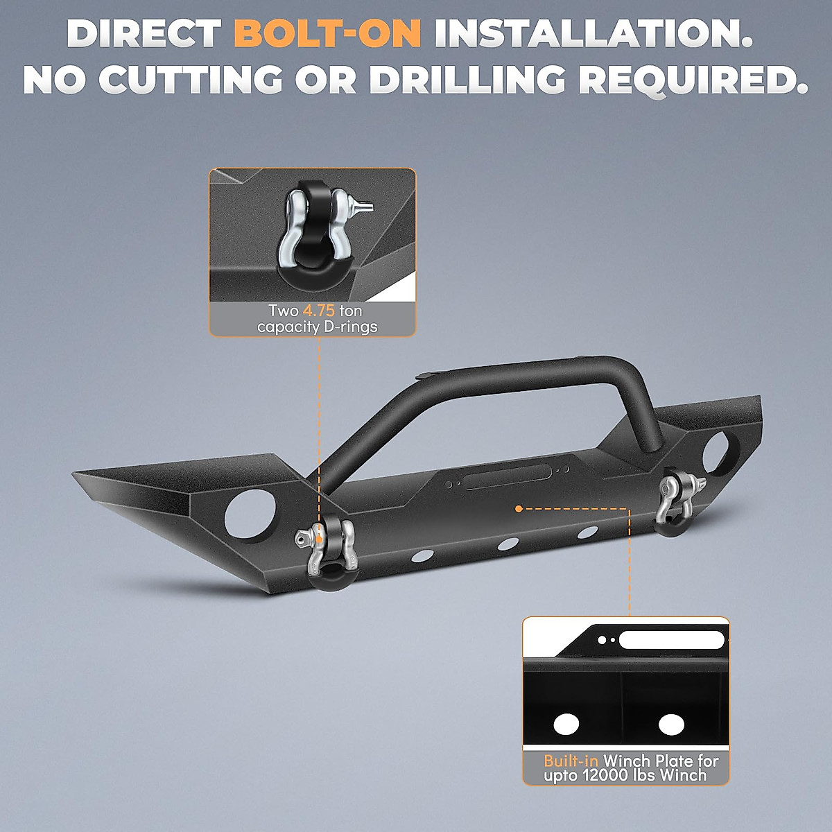 FINDAUTO Rront Bumper and Rear Bumper w/Tire Carrier Compatible for 2007-2018 for Jeep Wrangler JK with D-ring Winch Plate