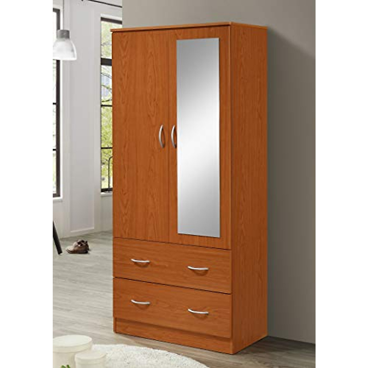Hodedah Two Door Wardrobe with Two Drawers and Hanging Rod plus Mirror, Cherry