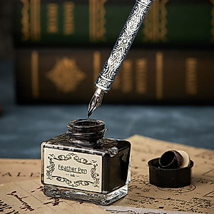 SHUEYEH Caligraphy Kits for Beginners, Feather Pen and Ink Set, Quill Pen X2, 10 Replacement Nibs, Silver Pen Stand, Antique Calligraphy Dip Pen with Black Ink (Pheasant+Turkey)