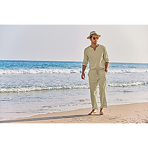 COOFANDY Men's 2 Pieces Cotton Linen Set Henley Shirt Long Sleeve and Casual Beach Pants Summer Yoga Outfits